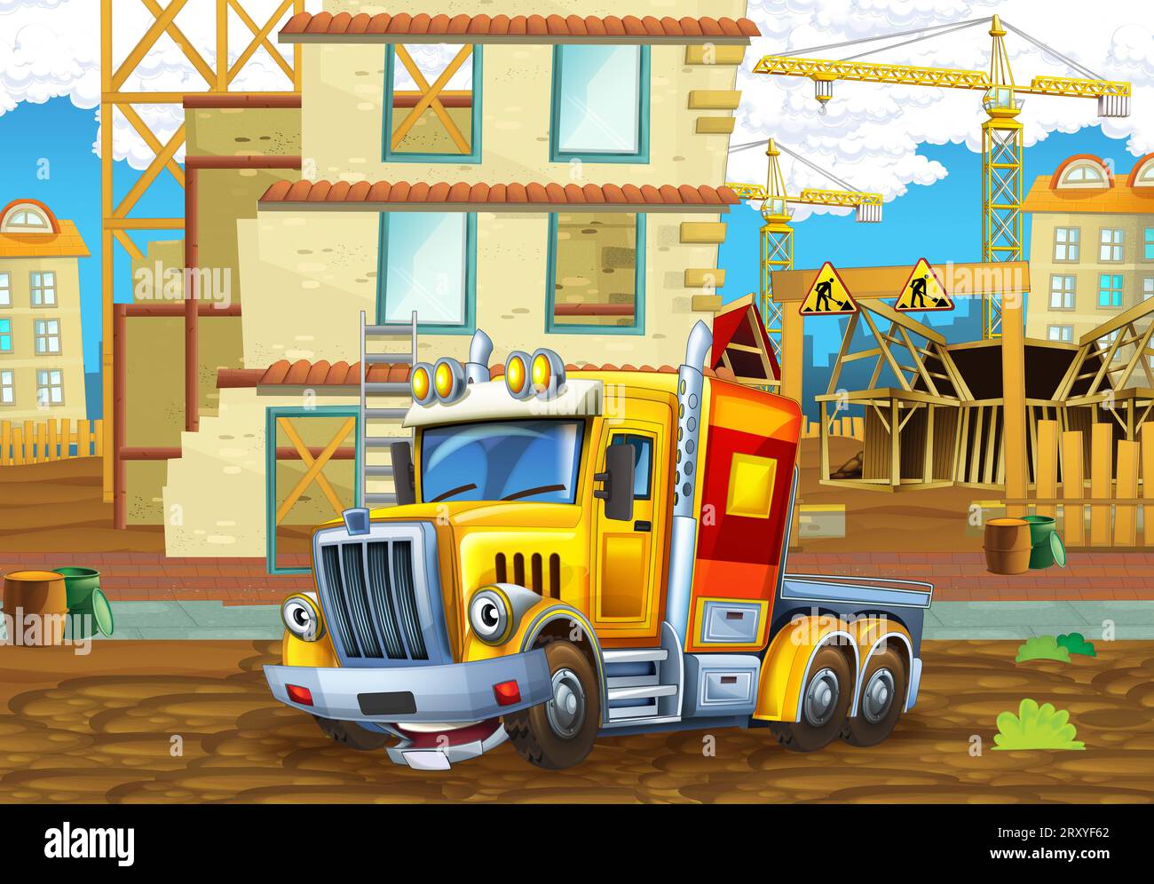 cartoon scene with construction site with car vehicle working in the ...