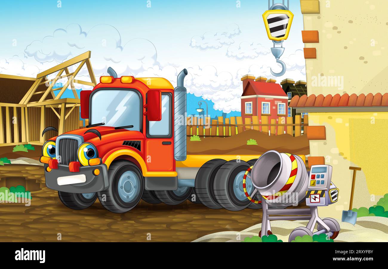 cartoon scene with construction site with car vehicle working in the ...