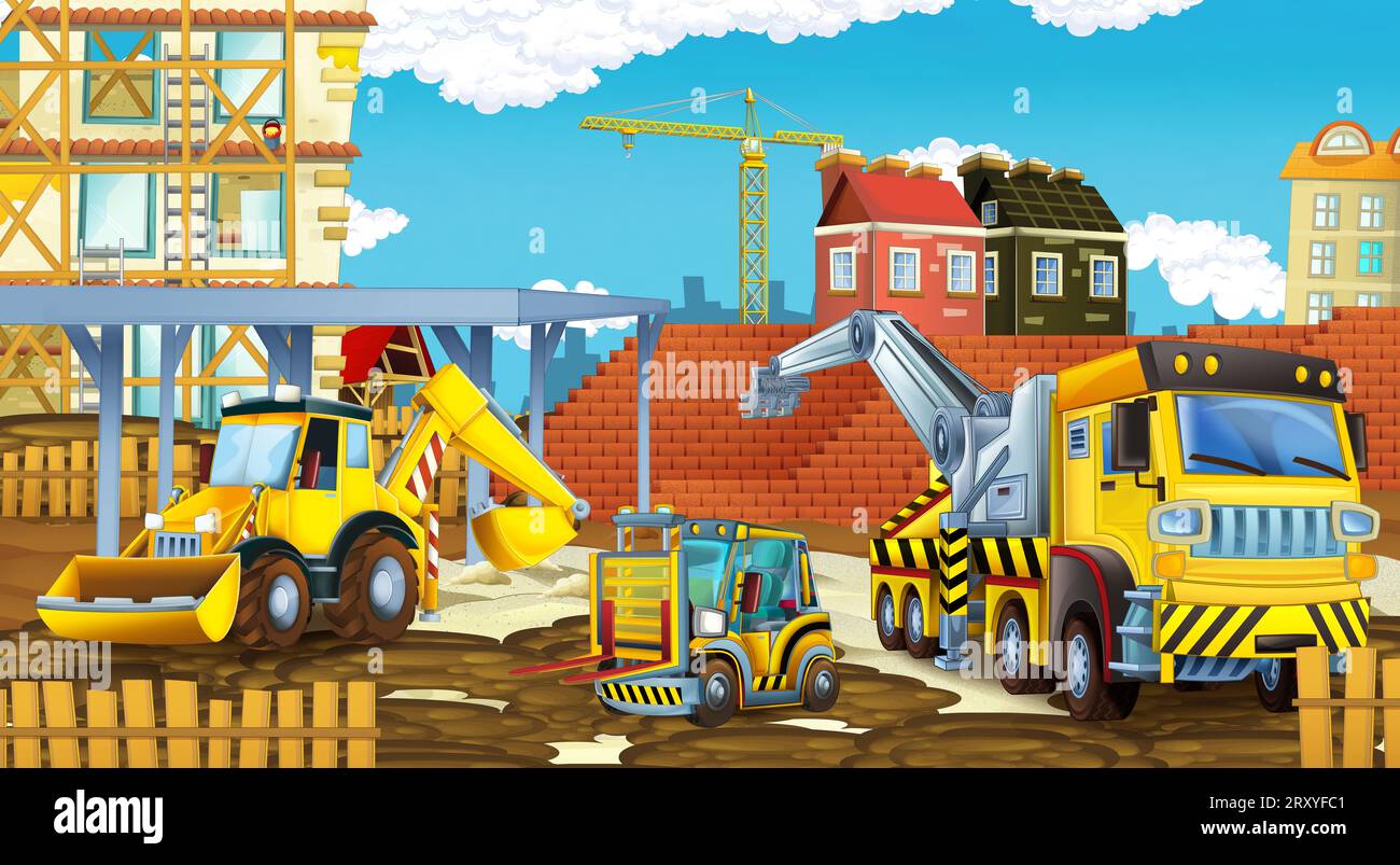 cartoon scene with construction site with car vehicle working in the ...