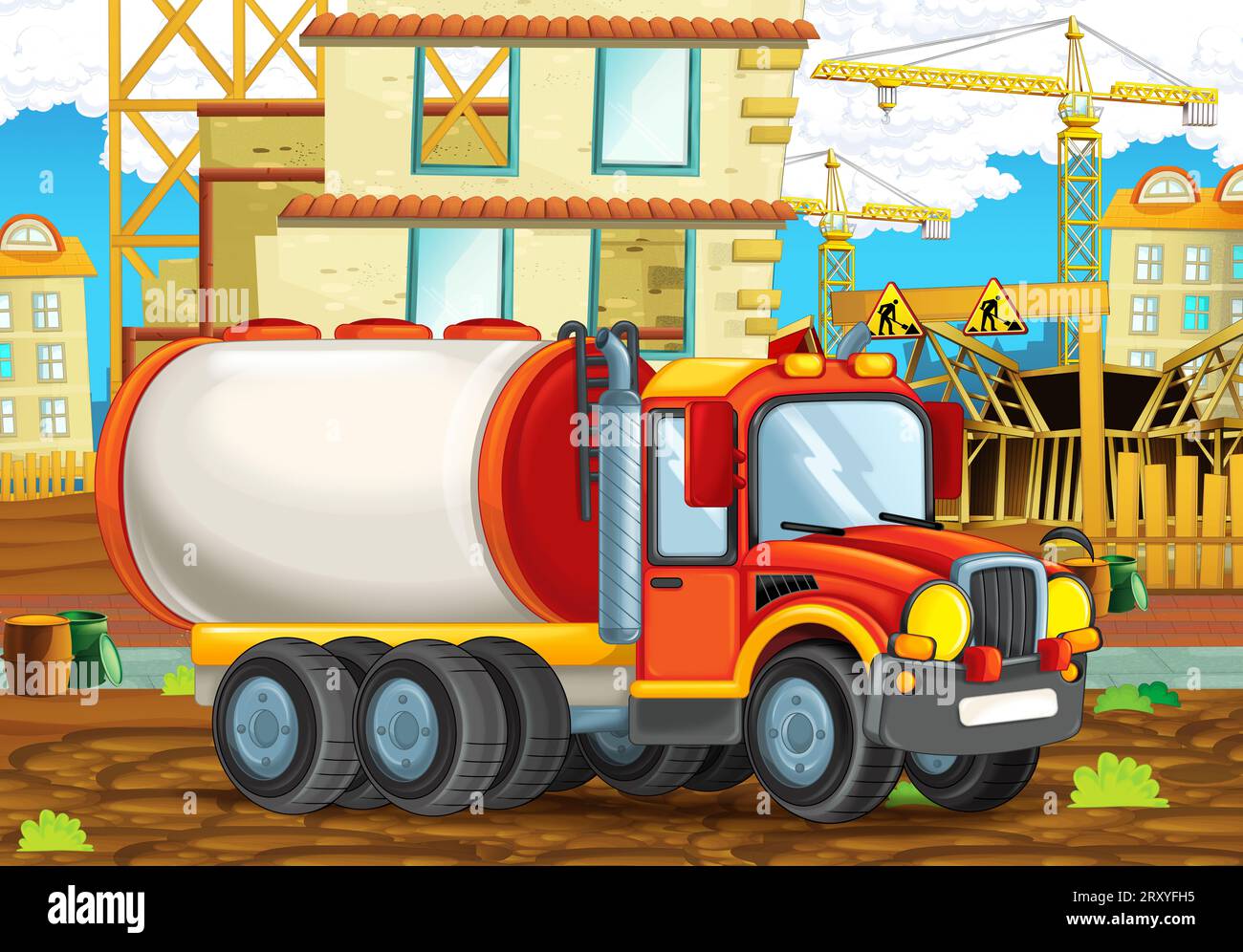 cartoon scene with construction site with car vehicle working in the ...