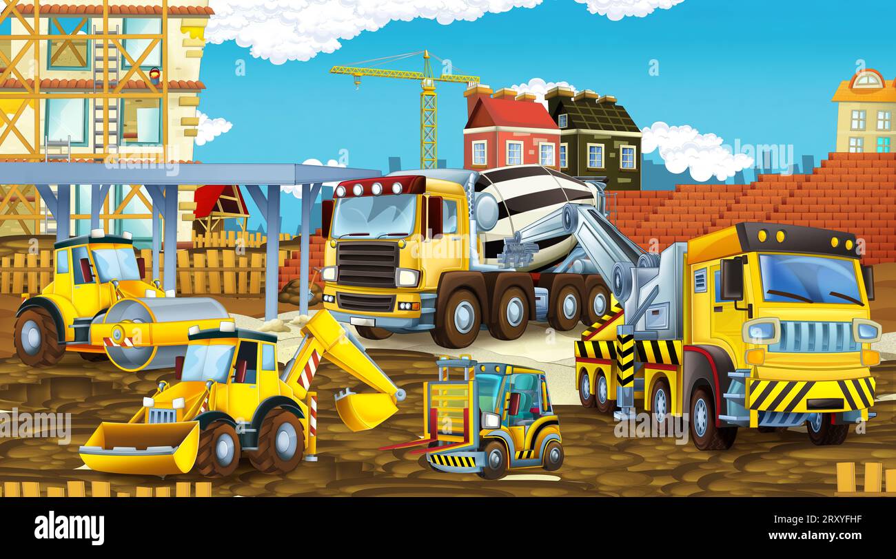 cartoon scene with construction site with car vehicle working in the ...