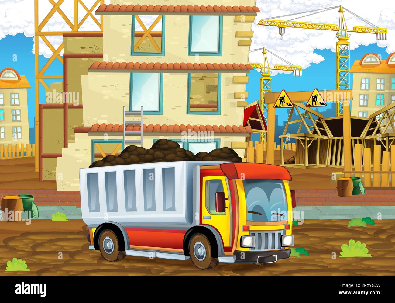 cartoon scene with construction site with car vehicle working in the ...