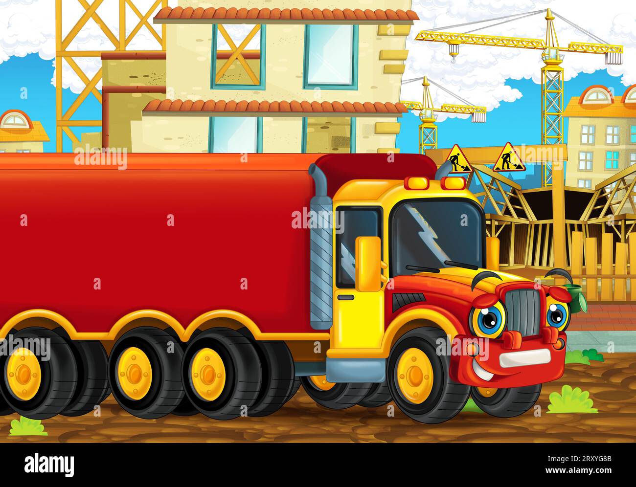 cartoon scene with construction site with car vehicle working in the ...