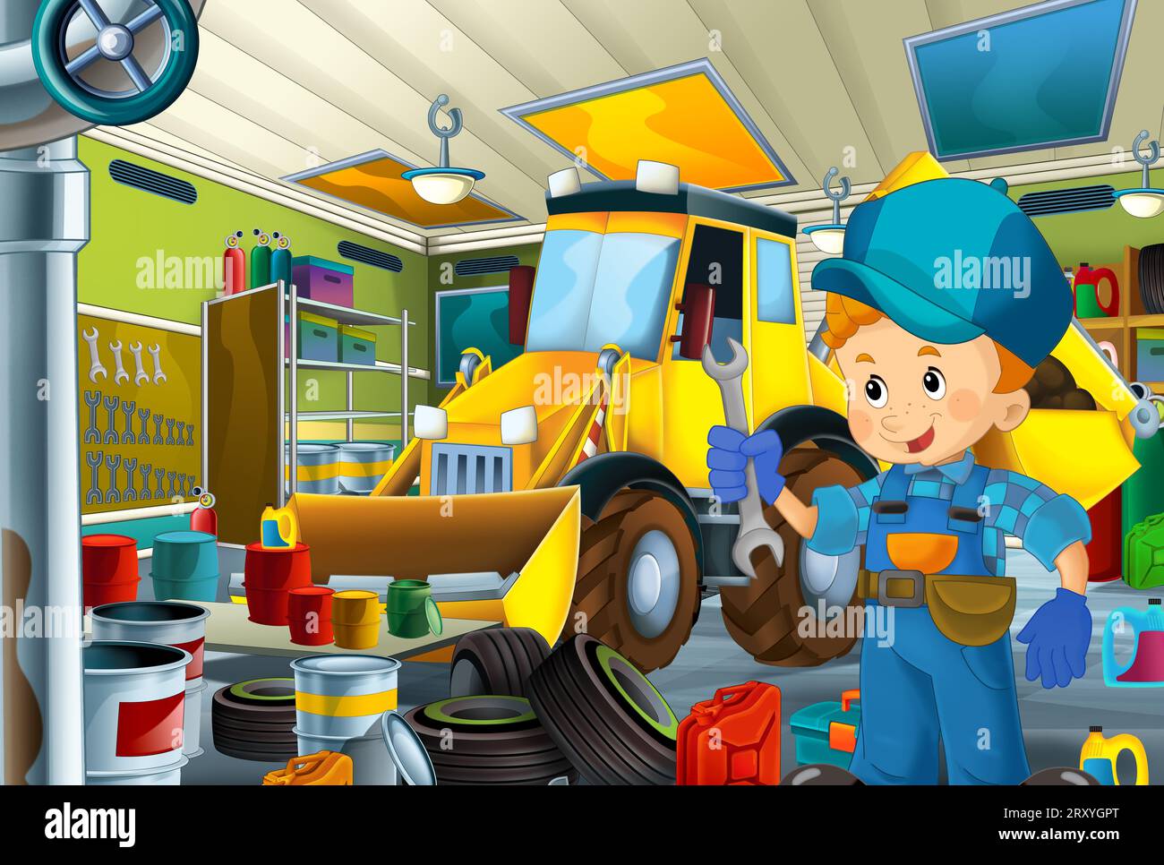 cartoon scene with construction site with car vehicle working in the ...