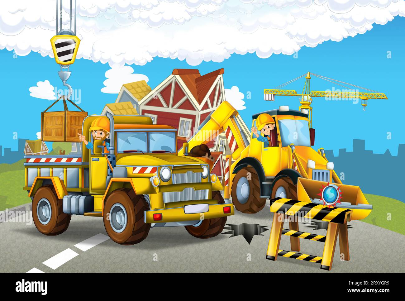 cartoon scene with construction site with car vehicle working in the ...