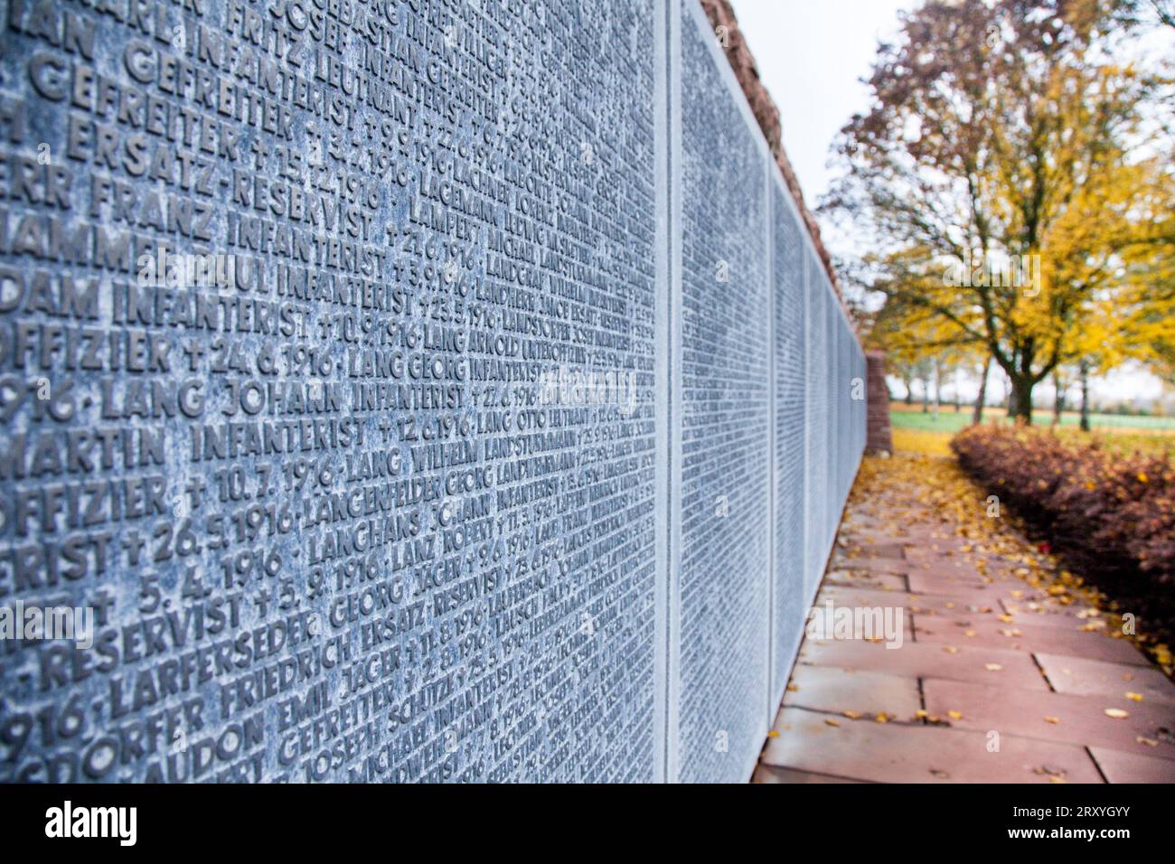 WWI Hautecourt German military cemetery, Verdun, France with a wall ...