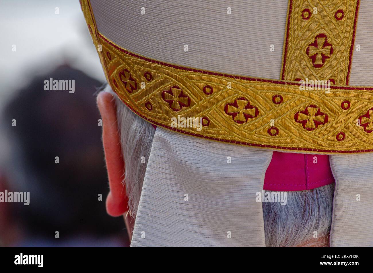 close-up view from behind of the head of a catholic bishop Stock Photo ...