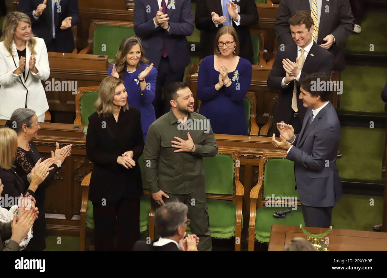 FILE - Ukrainian President Volodymyr Zelenskyy receives a standing ...