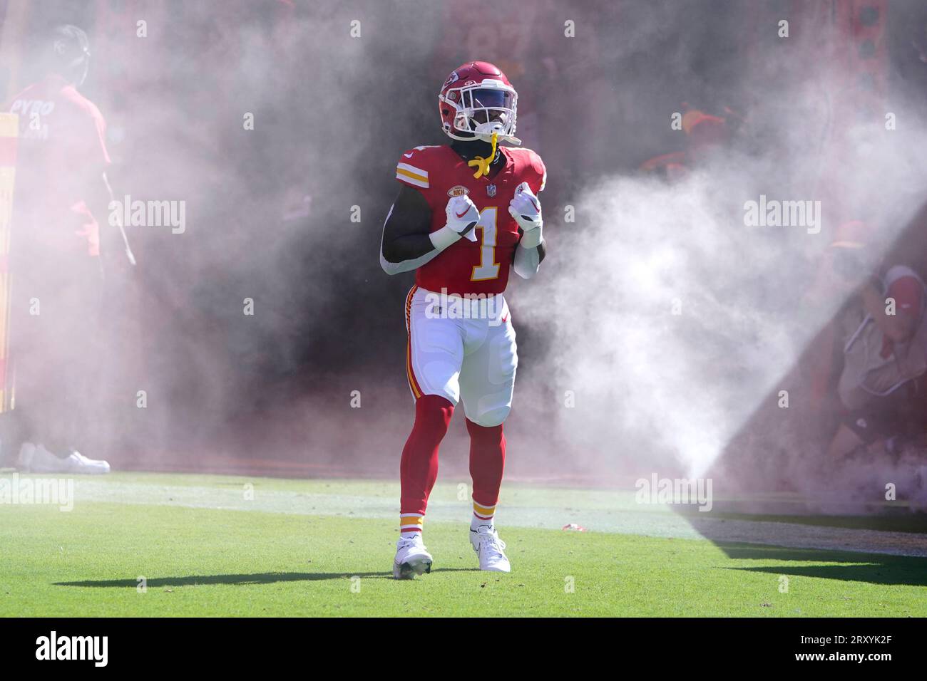 Kansas City Chiefs running back Jerick McKinnon (1) is introduced prior ...