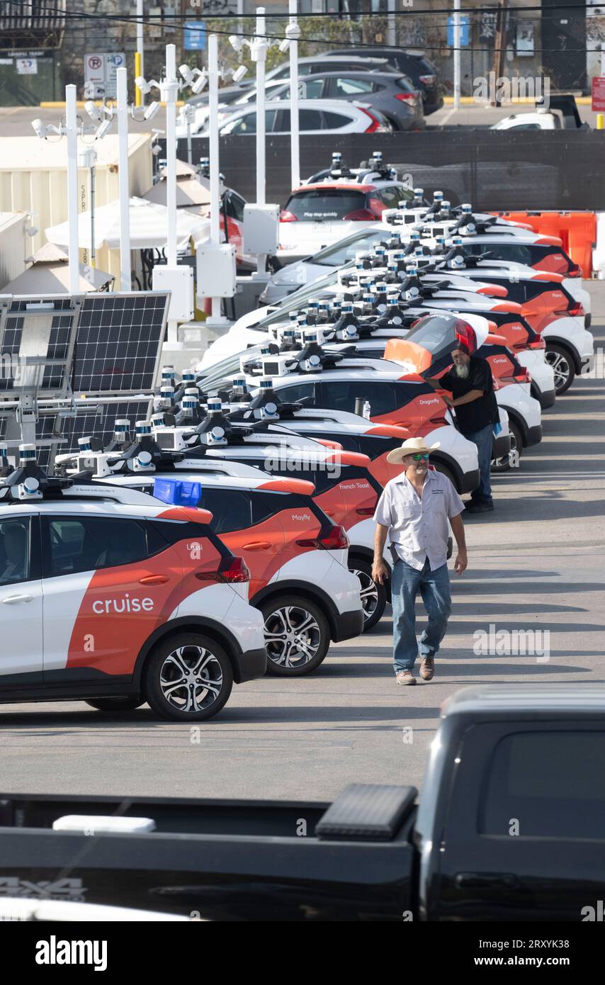 August 30, 2023, Austin, Texas, USA: A large fleet of Cruise autonomous ...