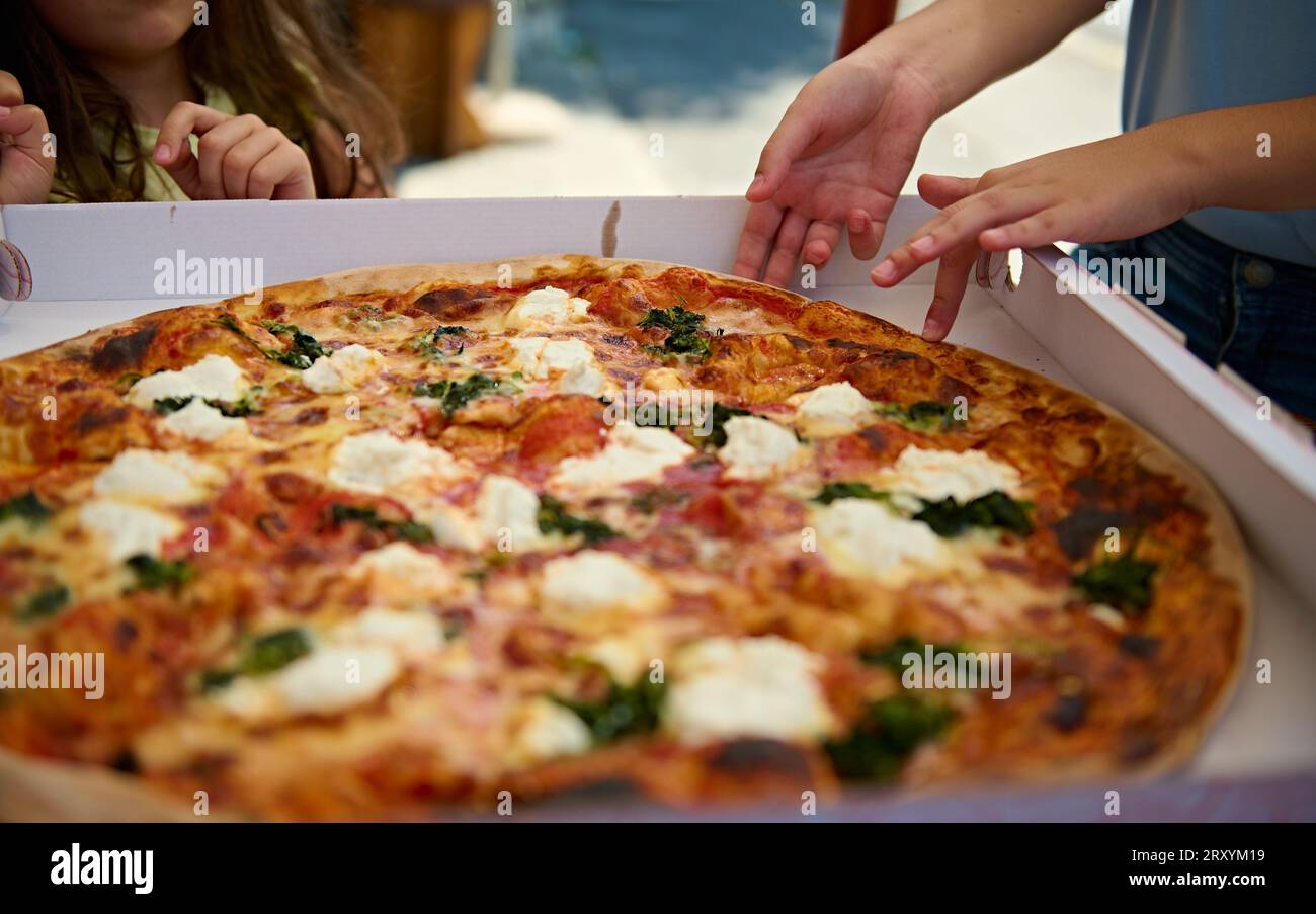 Neapolitan homemade pizza margarita from the brick oven in a disposable ...