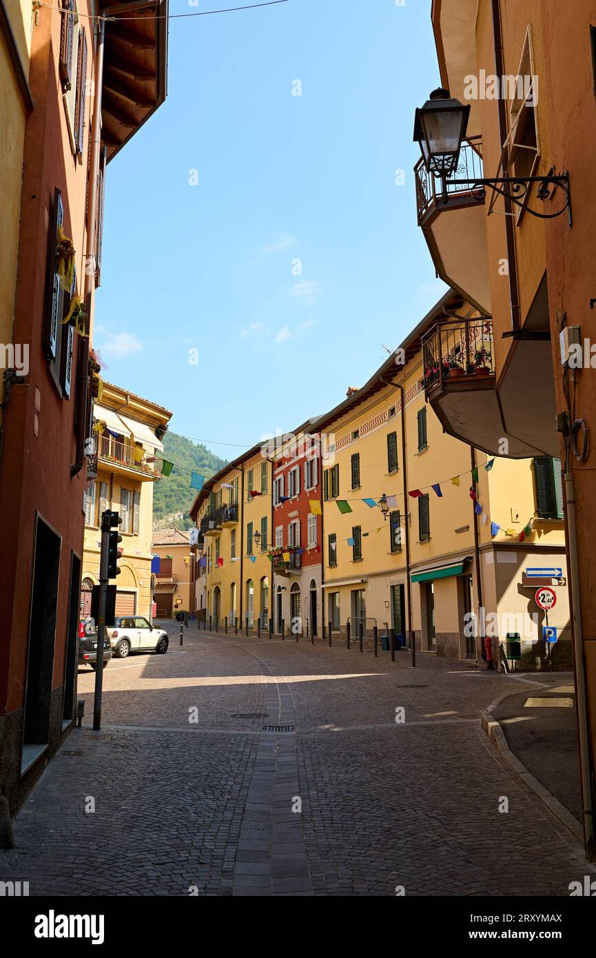 Still life. Medieval alley with various shops in Canzo, Lombardy, Italy ...