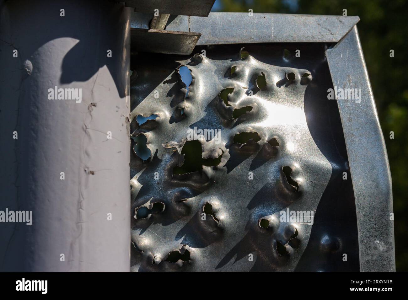 Metal shield shot from shotgun shot, exit holes in the metal Stock ...
