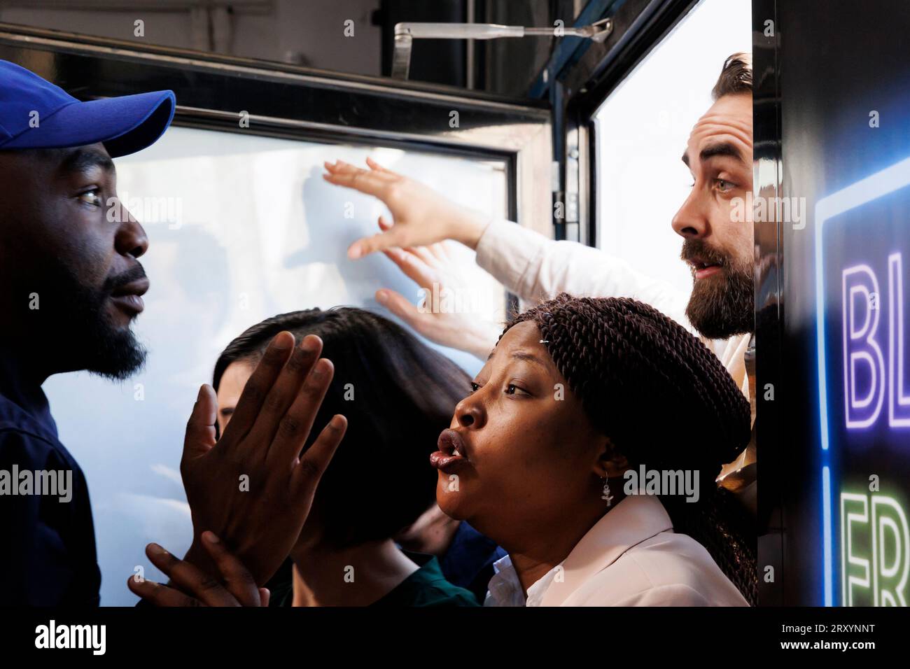 African American guy security guard calming frenzied anxious diverse ...
