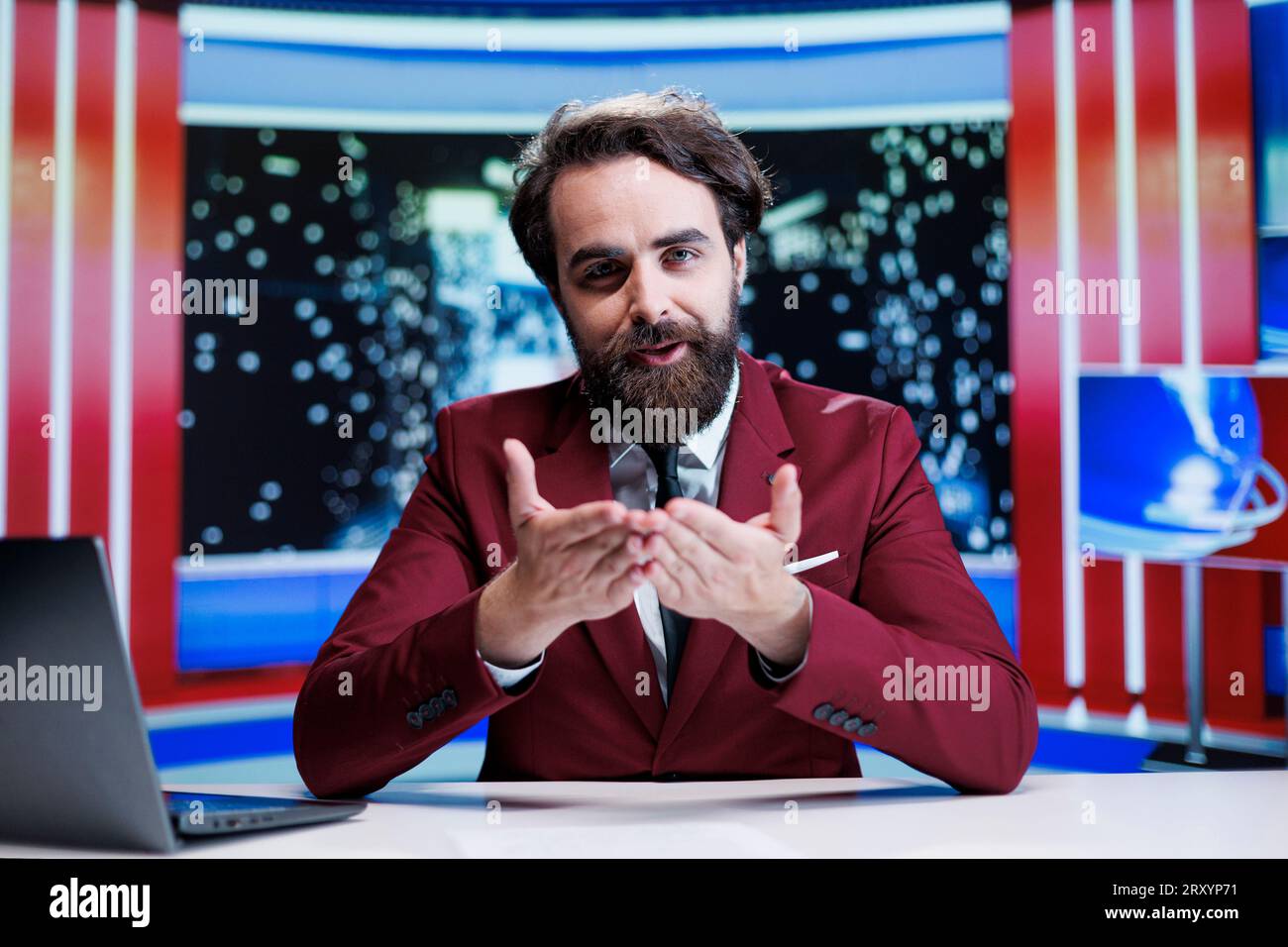 Talk show host addressing daily events in news studio, reporting live ...