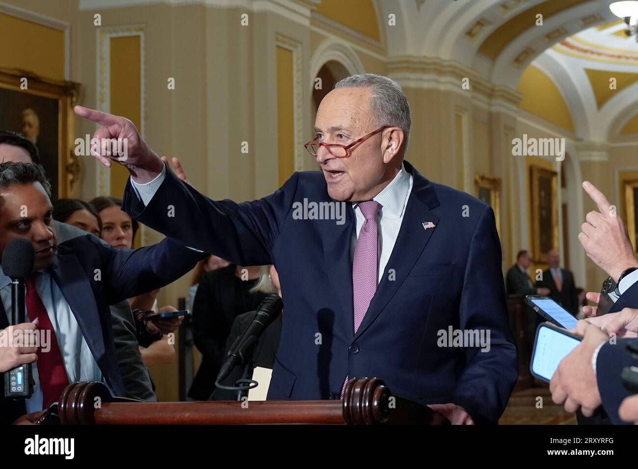 Senate Majority Leader Chuck Schumer of D-N.Y., speaks to reporters ...