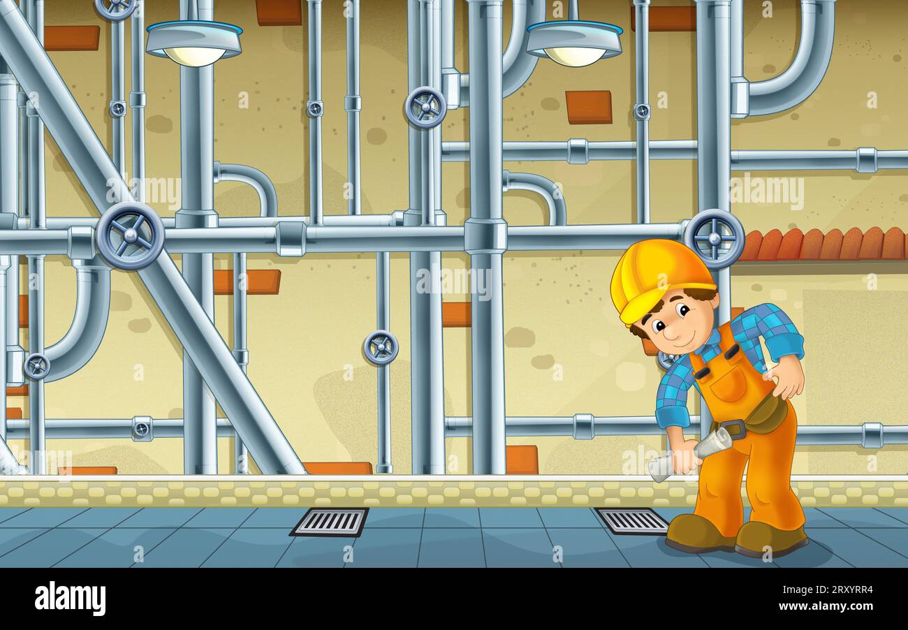 cartoon scene with repairman in the basement working plumber ...