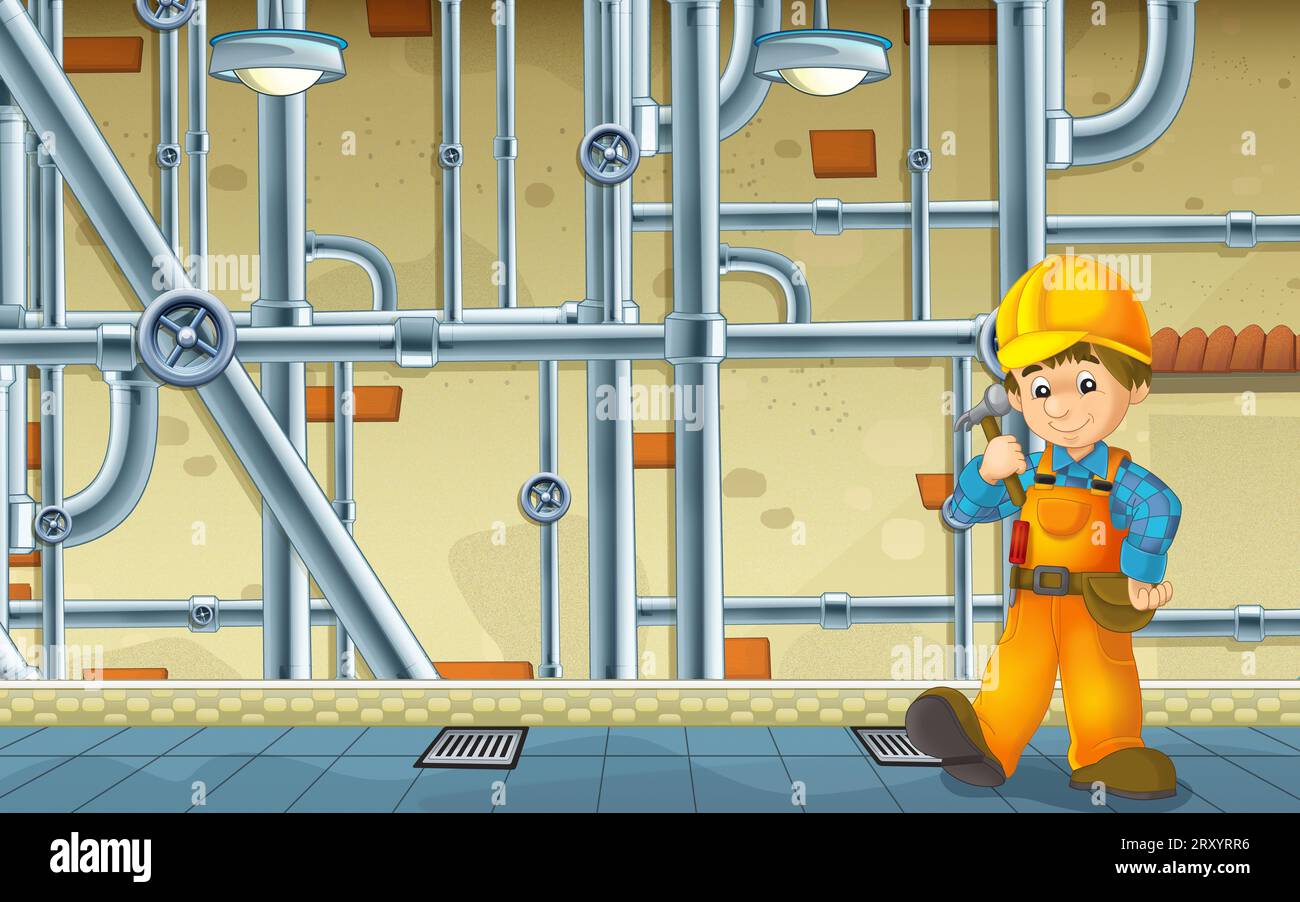 cartoon scene with repairman in the basement working plumber ...