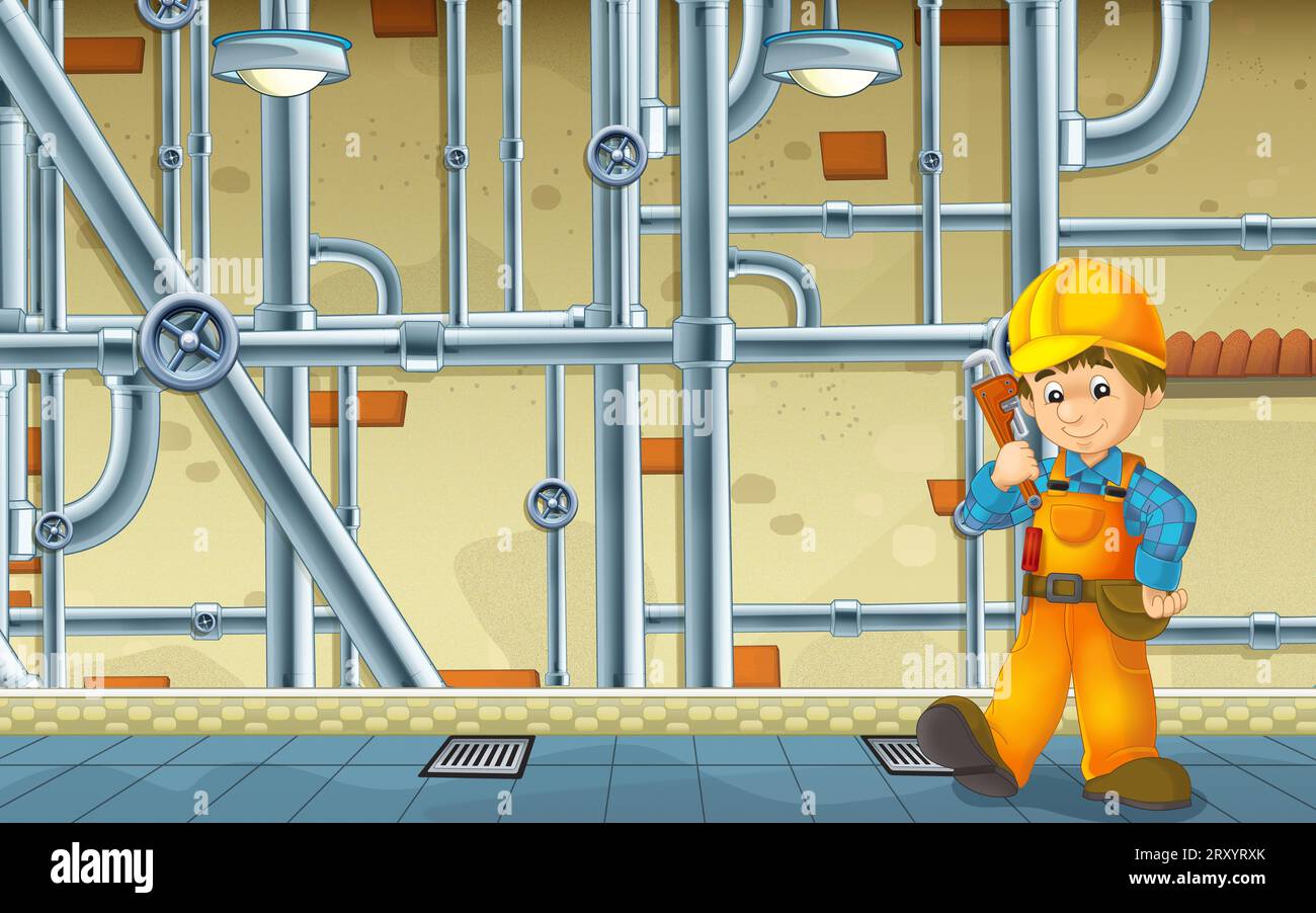 cartoon scene with repairman in the basement working plumber ...