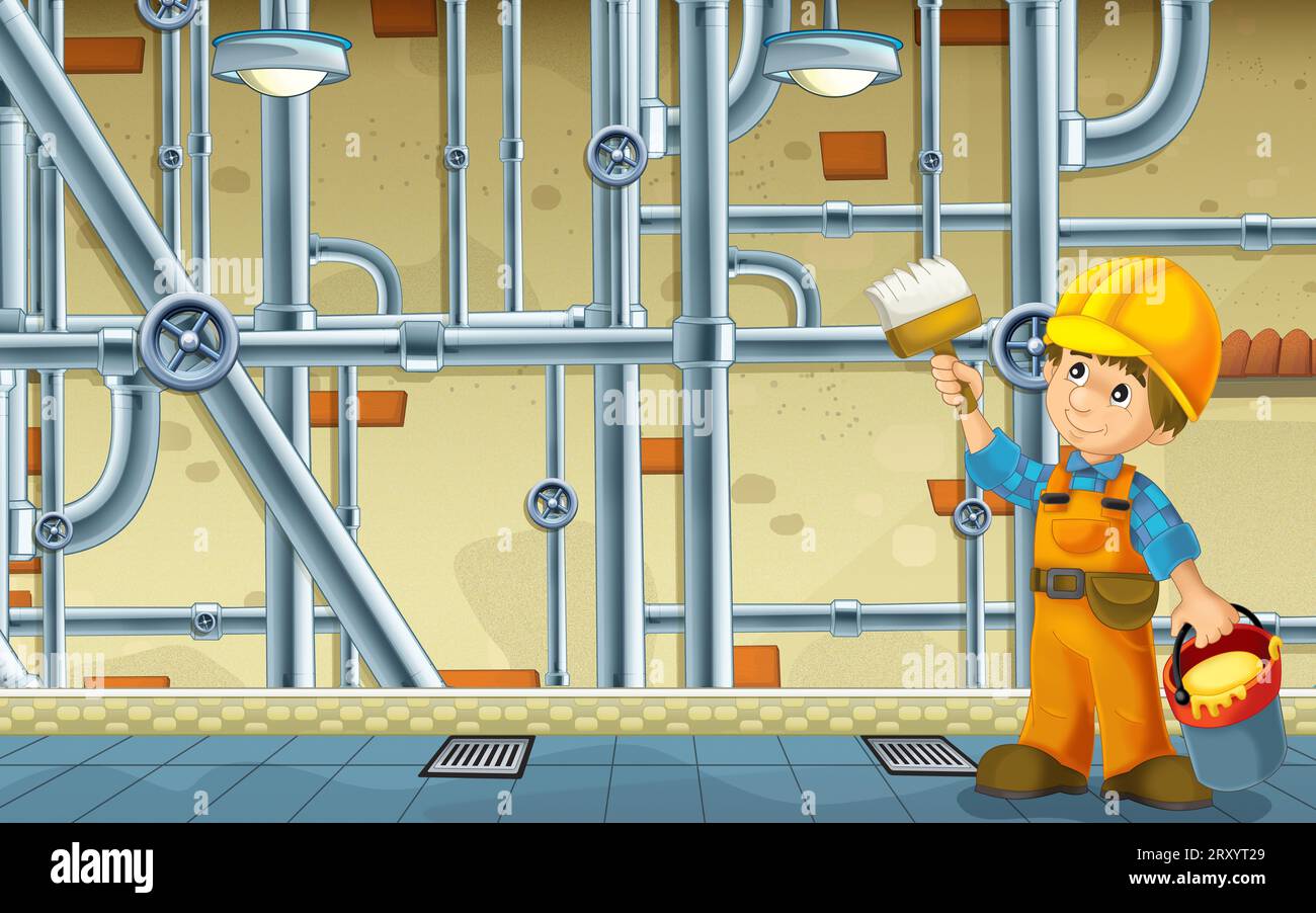 cartoon scene with repairman in the basement working plumber ...