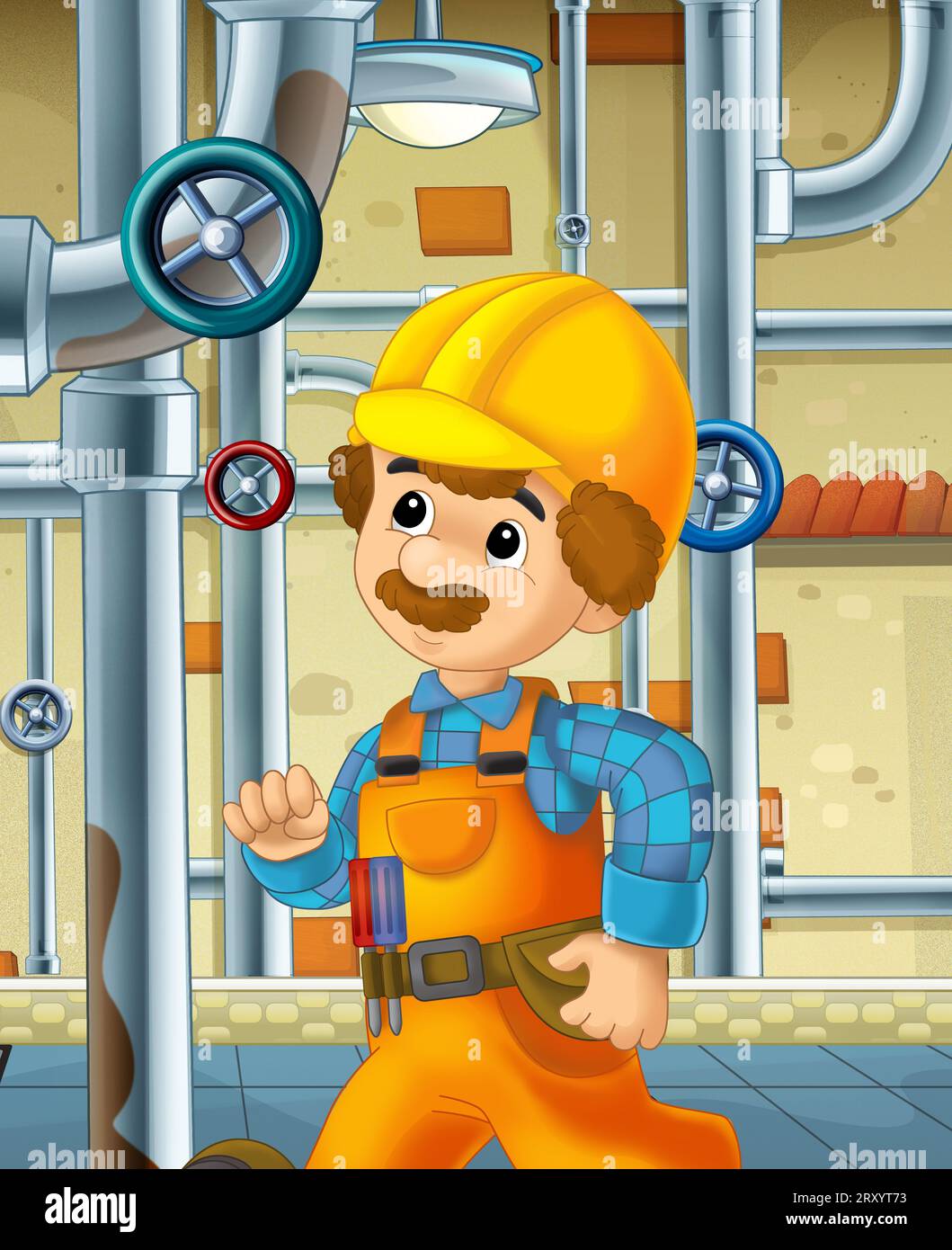 cartoon scene with repairman in the basement working plumber ...