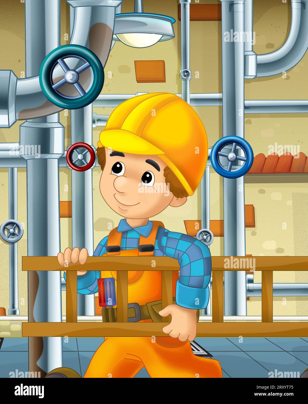 cartoon scene with repairman in the basement working plumber ...