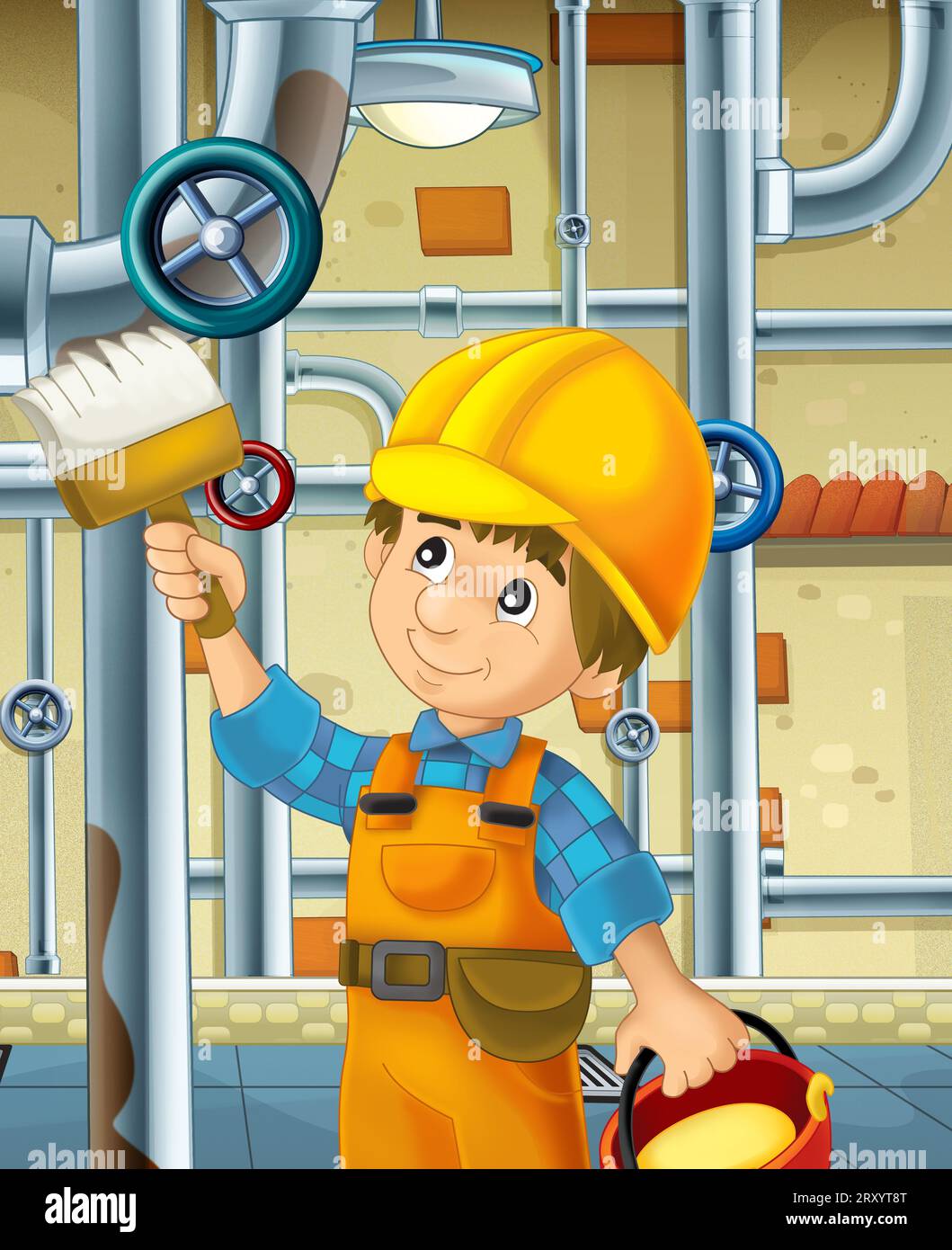 cartoon scene with repairman in the basement working plumber ...