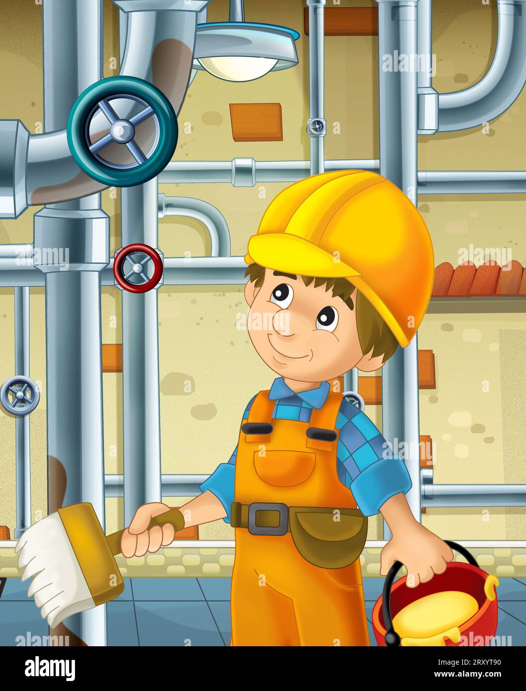 cartoon scene with repairman in the basement working plumber ...