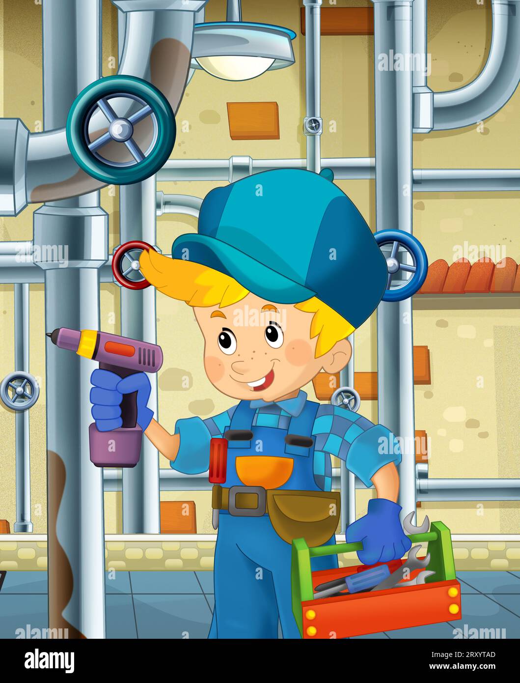 cartoon scene with repairman in the basement working plumber ...
