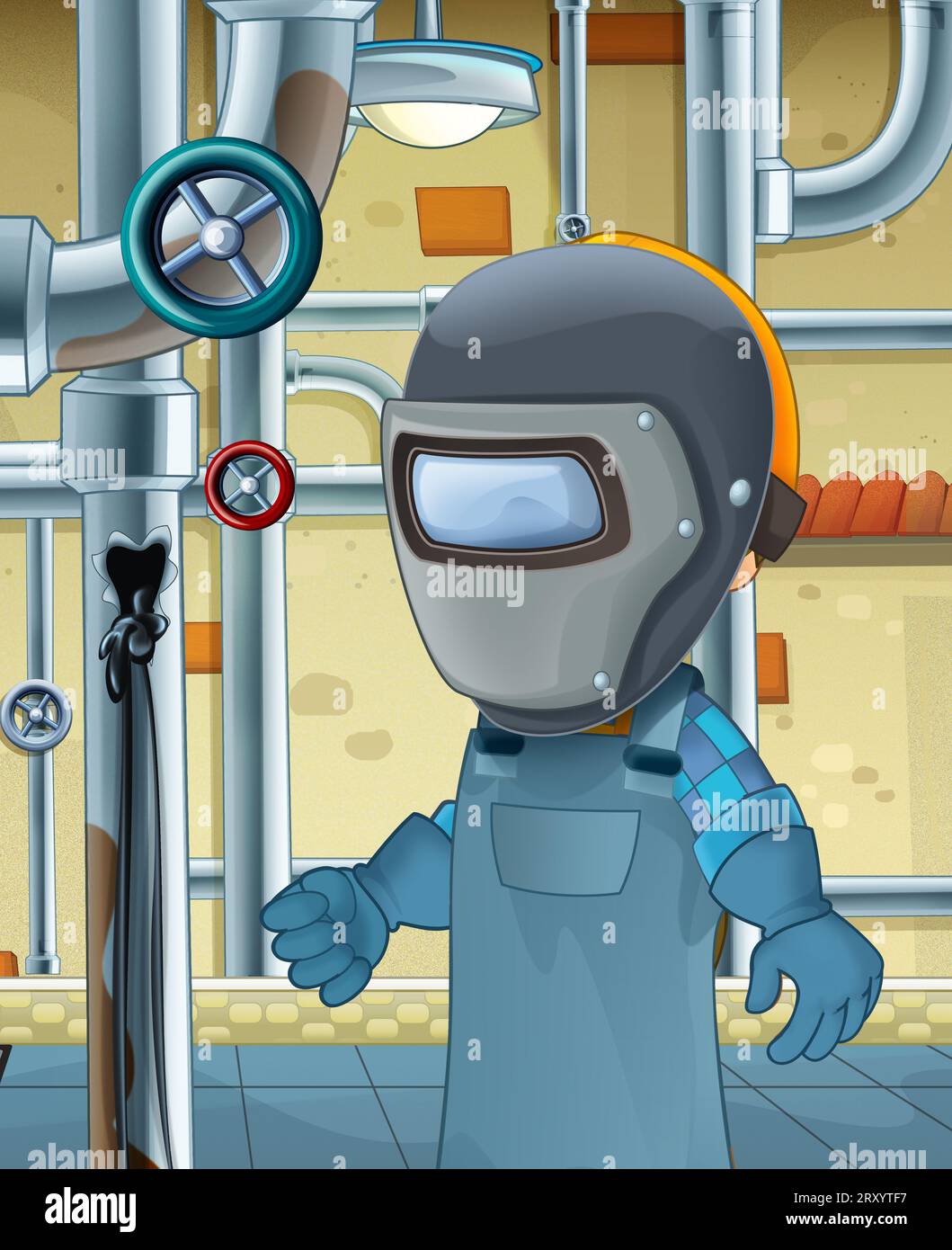 cartoon scene with repairman in the basement working plumber ...