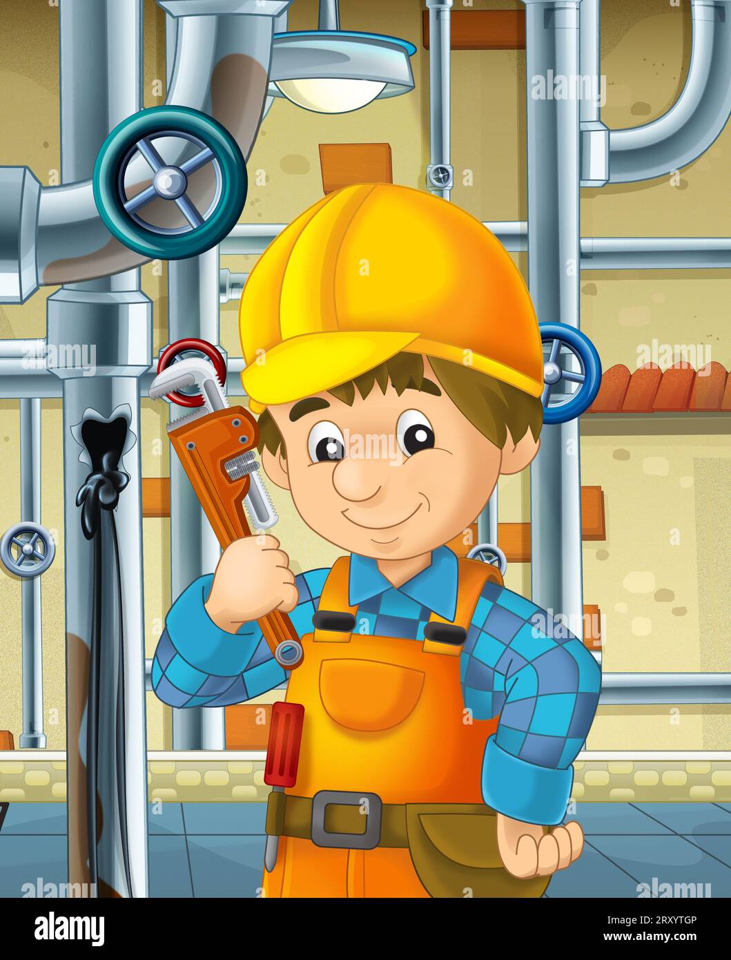 cartoon scene with repairman in the basement working plumber ...