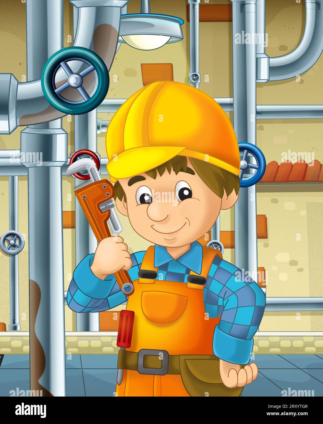 cartoon scene with repairman in the basement working plumber ...