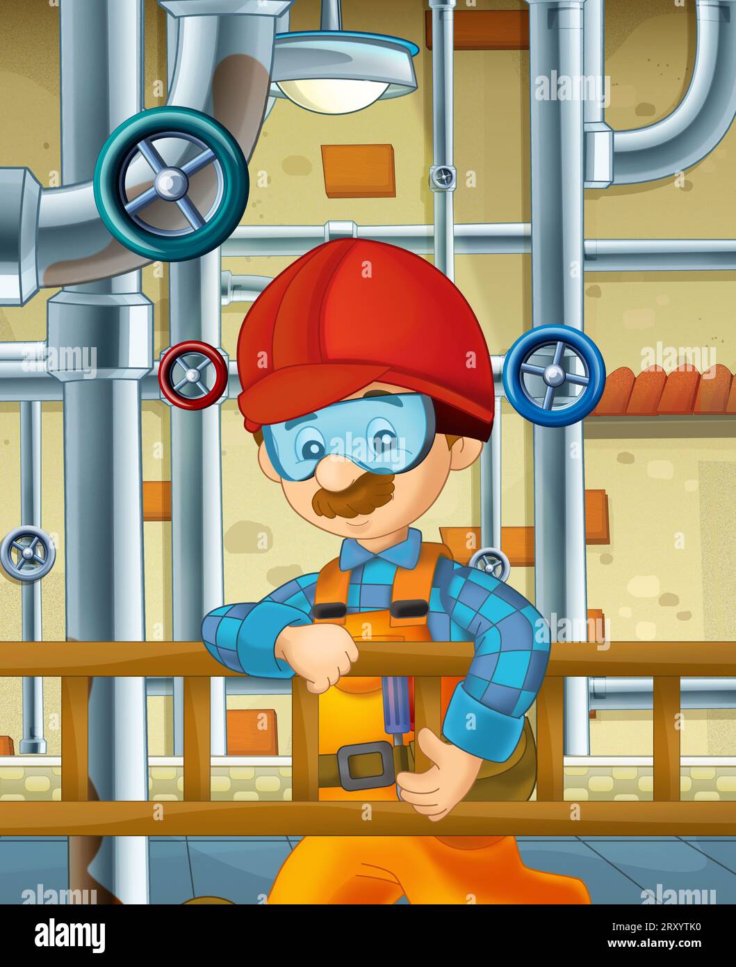 cartoon scene with repairman in the basement working plumber ...