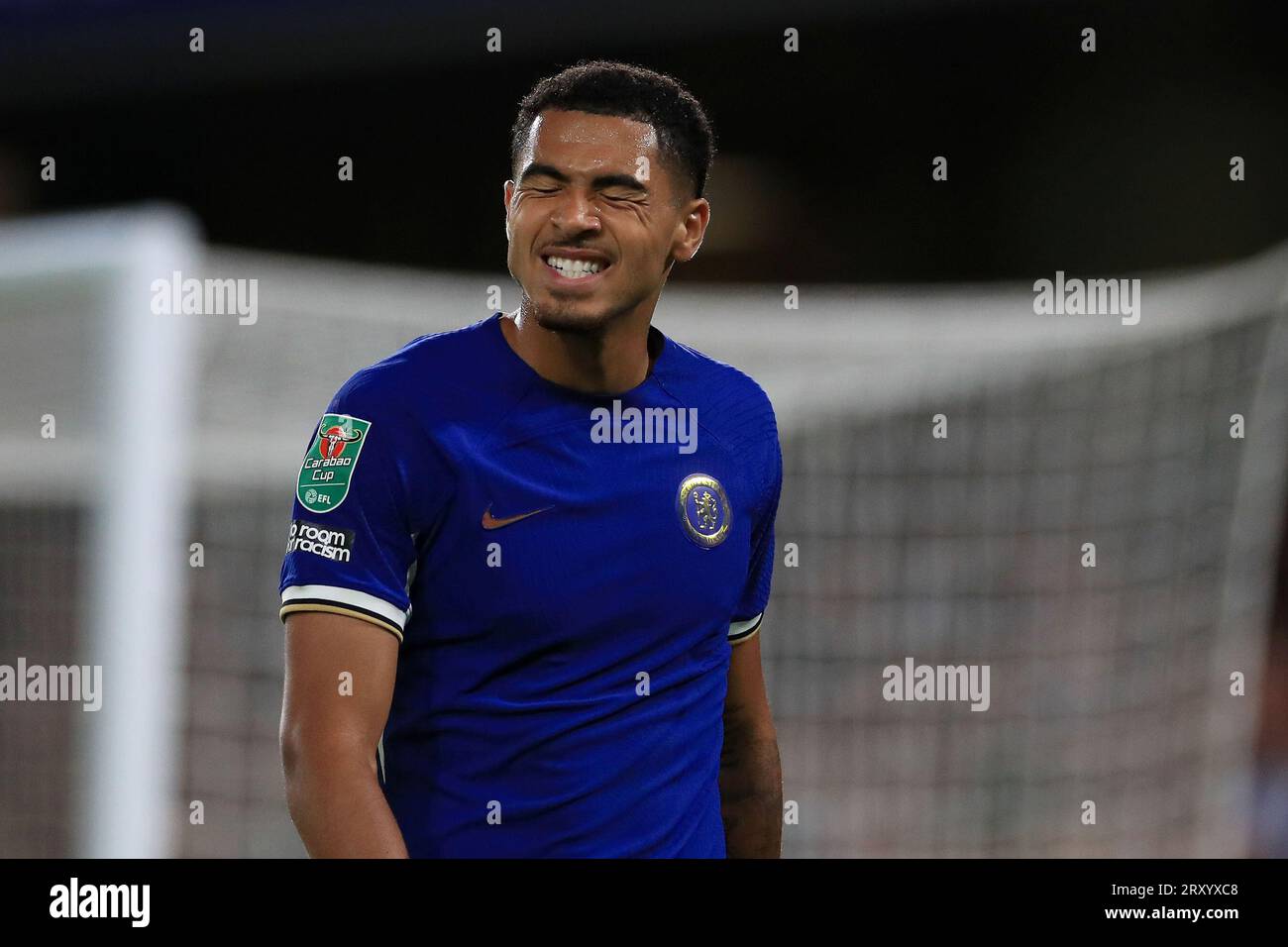 Levi Colwill of Chelsea wincing during the EFL Carabao Cup Third Round ...