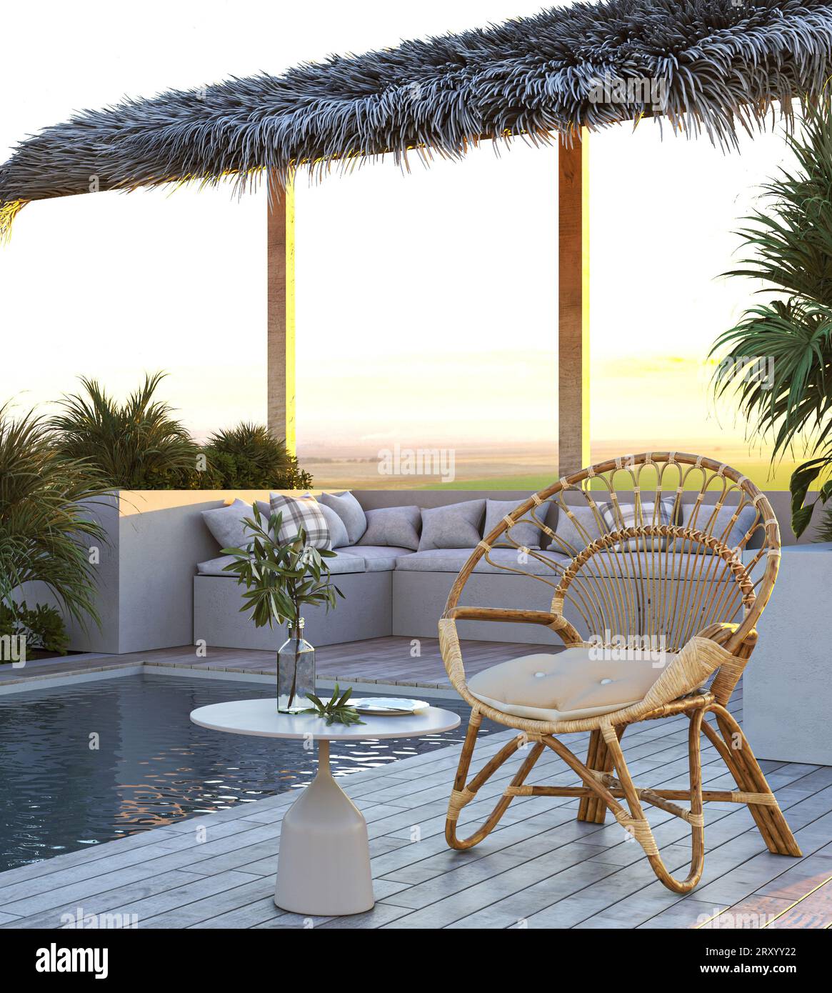 Luxury hotel design. Modern villa outside with beautiful landscape view ...