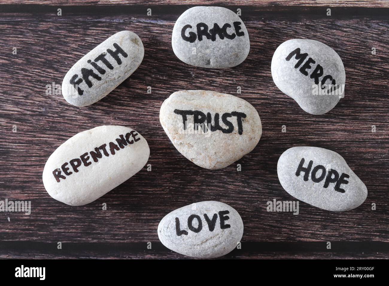 Trust, mercy, faith, grace, love, repentance, and hope handwritten ...