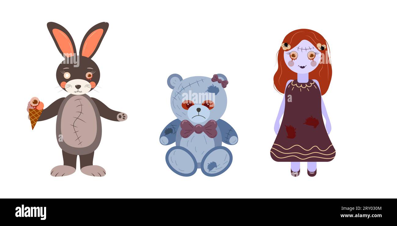 Drawing of Creepy doll. Halloween concept.Vector. Scary toy bear, a one ...