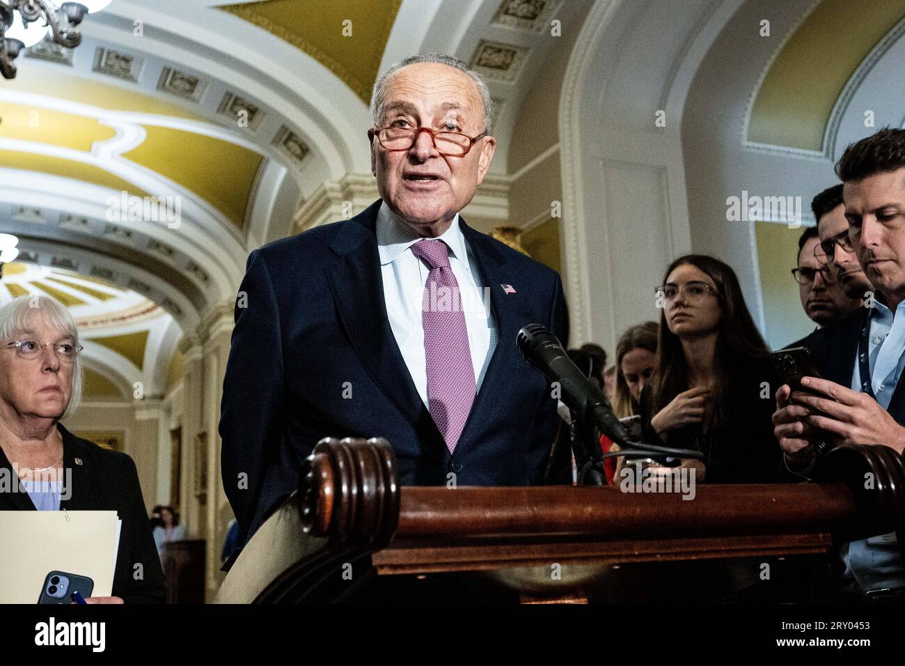 Senate Majority Leader Chuck Schumer (D-NY) speaking at a press ...