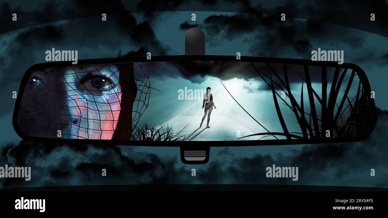 A womn in a veil driving her car sees an illustion of a gril in the ...