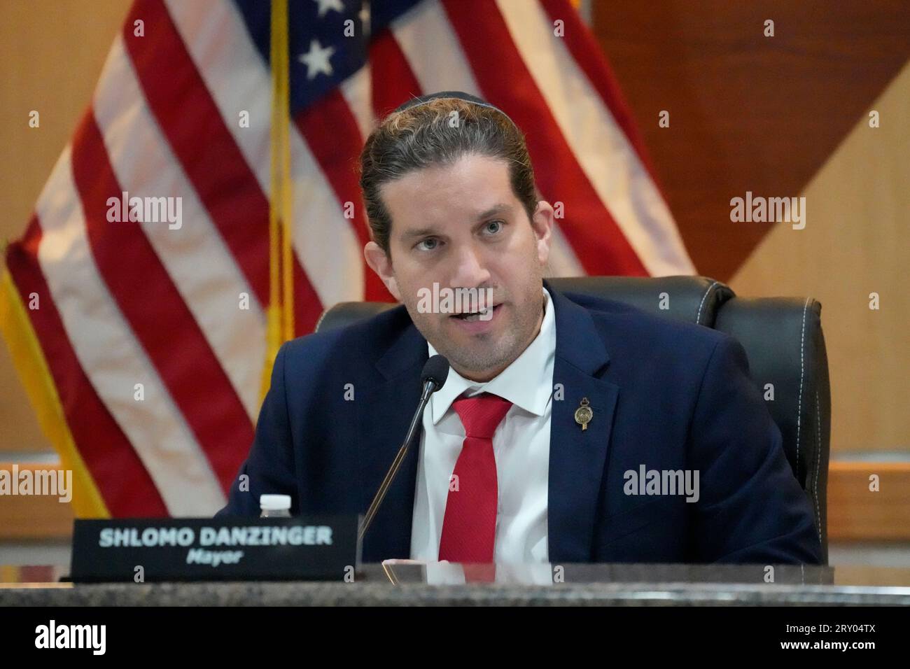 Surfside, Fla. Mayor Shlomo Danzinger speaks during a meeting at the ...