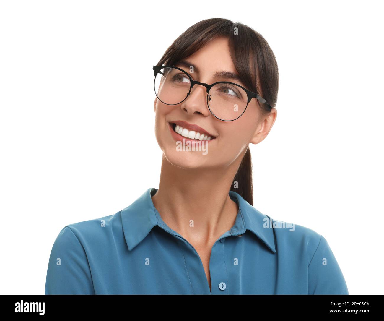 Portrait of happy secretary in glasses on white background Stock Photo ...