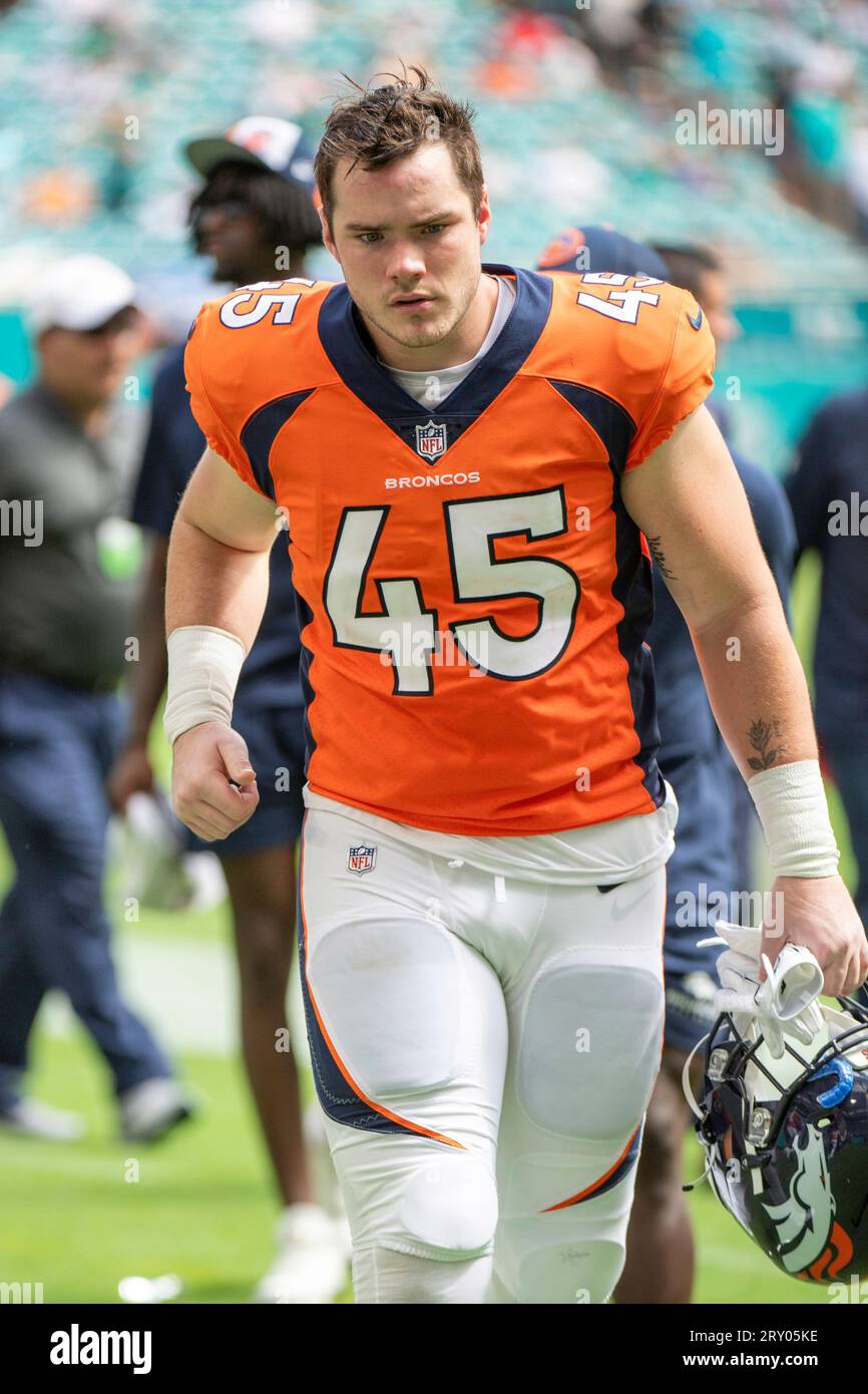 Denver Broncos tight end Nate Adkins (45) walks off the field at the ...