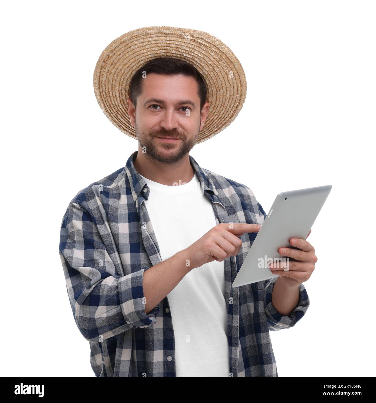 Farmer using tablet on white background. Harvesting season Stock Photo ...