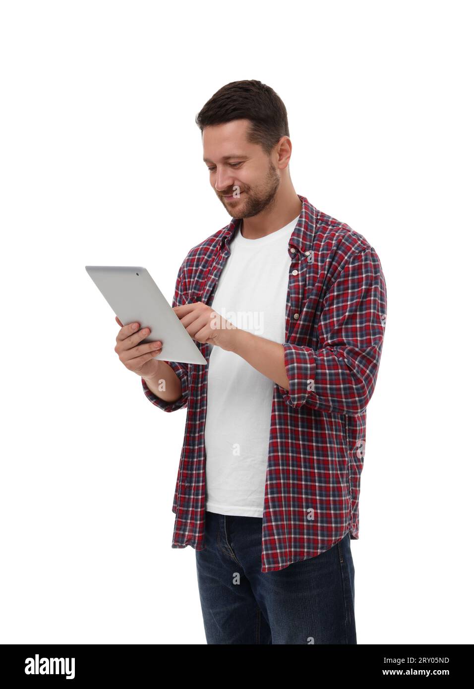 Portrait of man using tablet on white background Stock Photo - Alamy