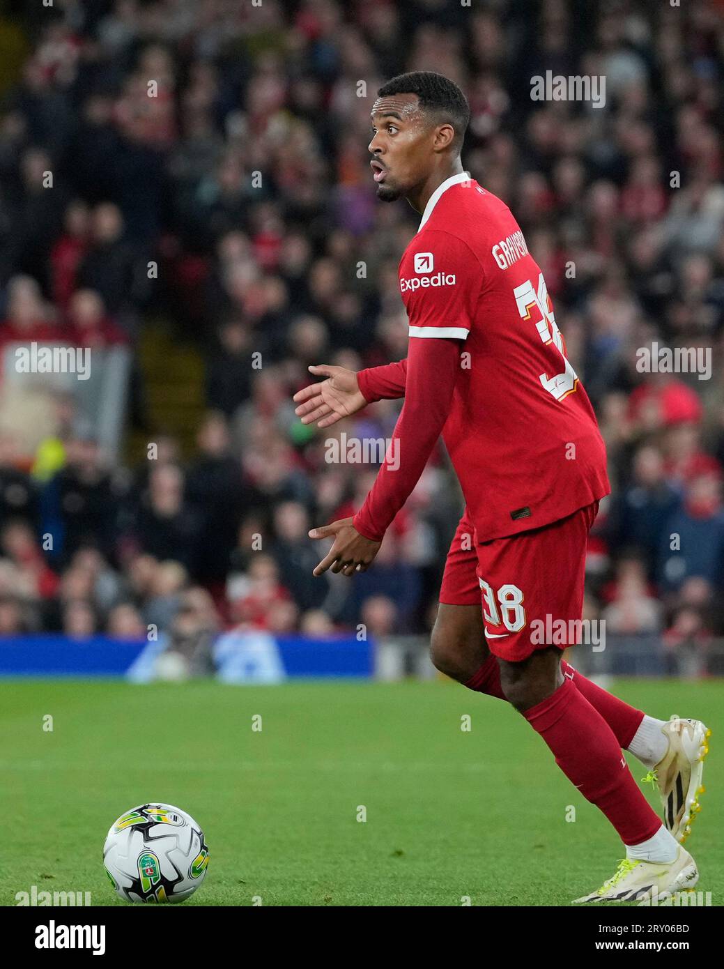 Ryan Gravenberch #38 of Liverpool looks for a pass during the Carabao ...