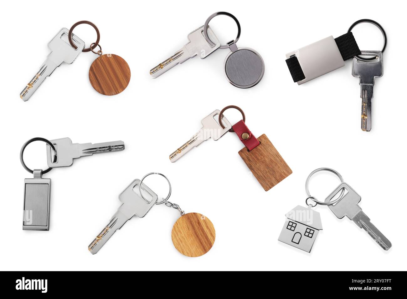 Set of keys with key chains isolated on white Stock Photo - Alamy