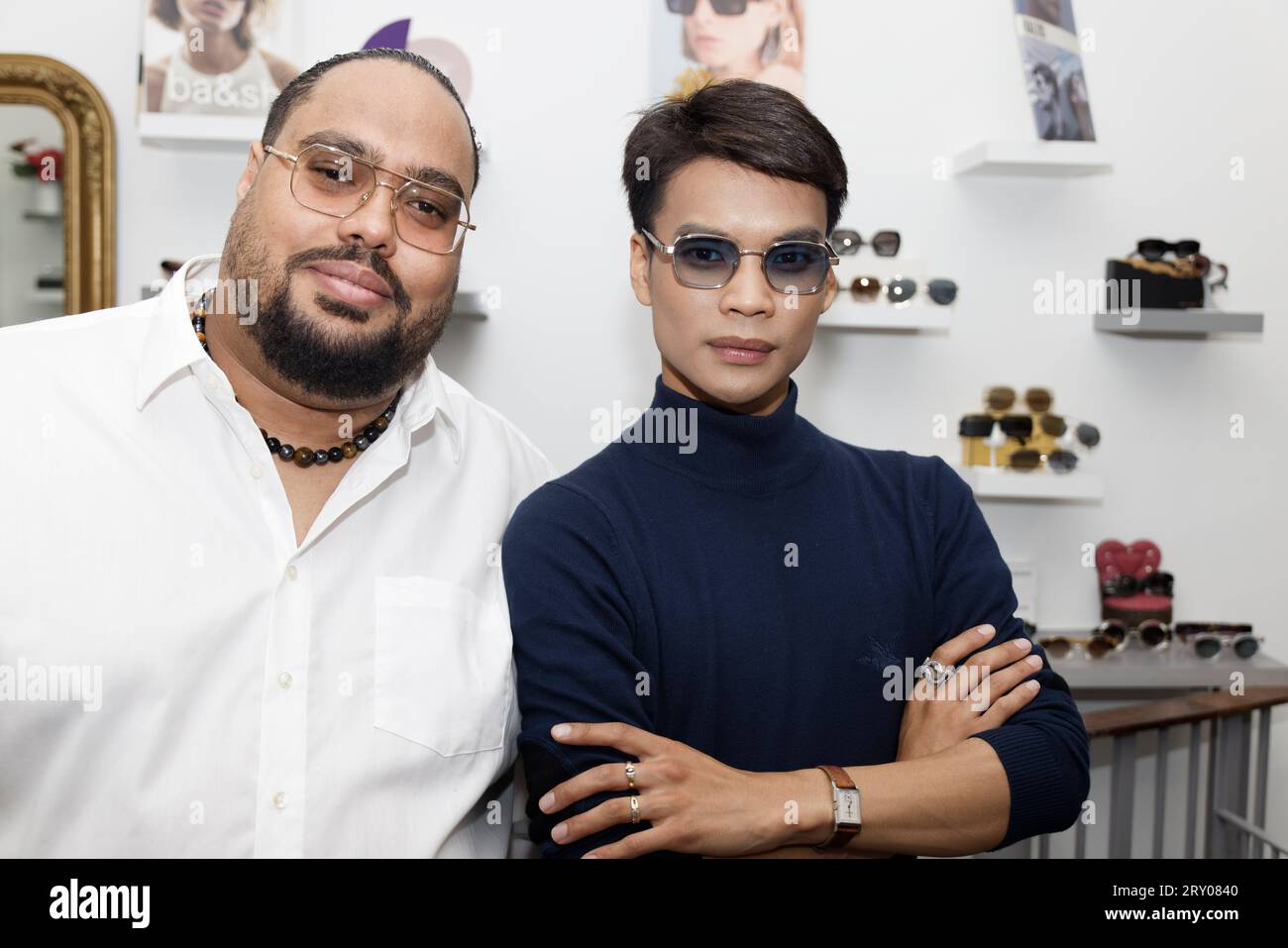 Paris, France. 27th Sep, 2023. Model Jeremy Bellet is advised on his ...