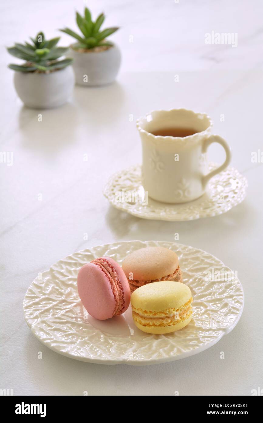 Delicate pastel coloured macaroons with dainty cup of tea on marble ...