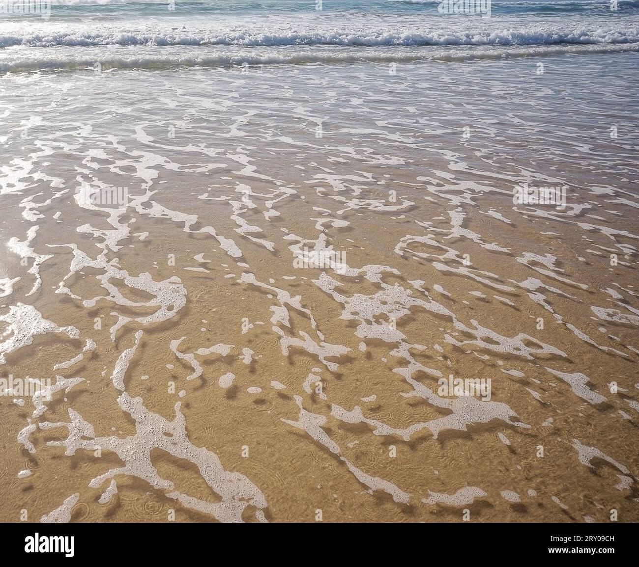 Beautiful sunlit white texture bubbly foam and shallow clear seawater ...