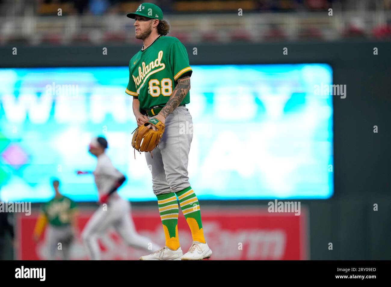 Oakland Athletics starting pitcher Joey Estes stands on the mound after ...
